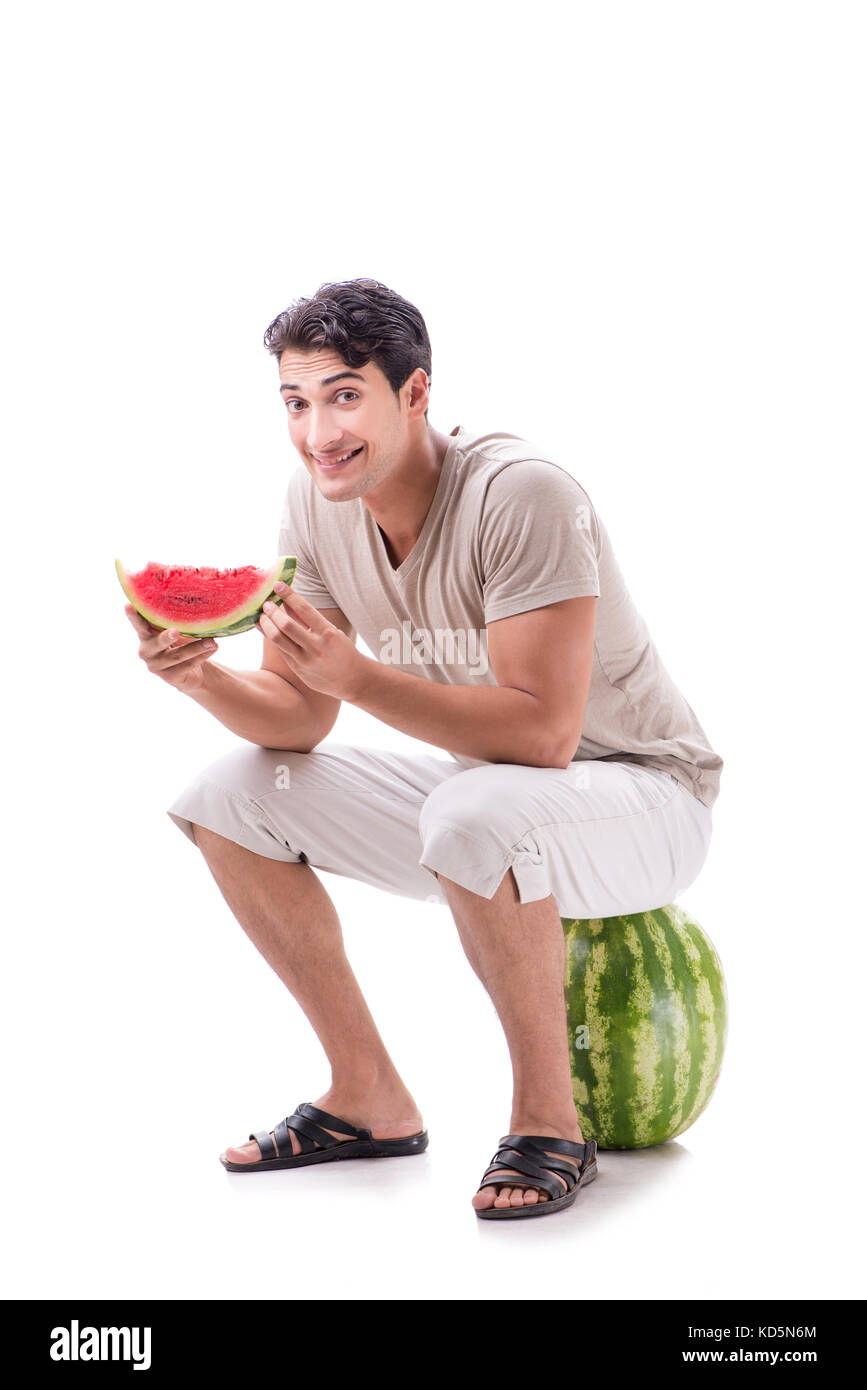 Young man with watermelon isolated on white Stock Photo - Alamy