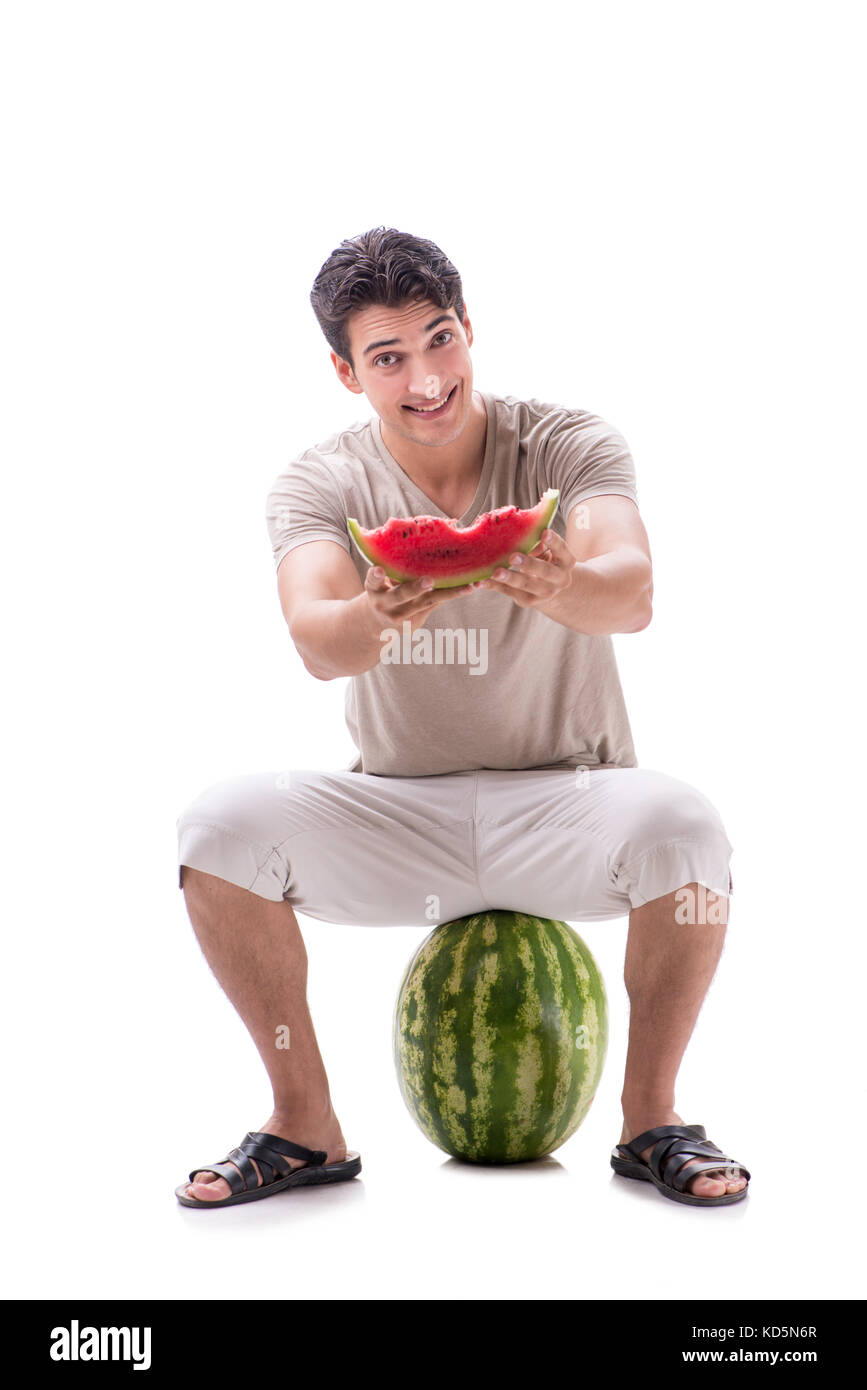 Young man with watermelon isolated on white Stock Photo - Alamy