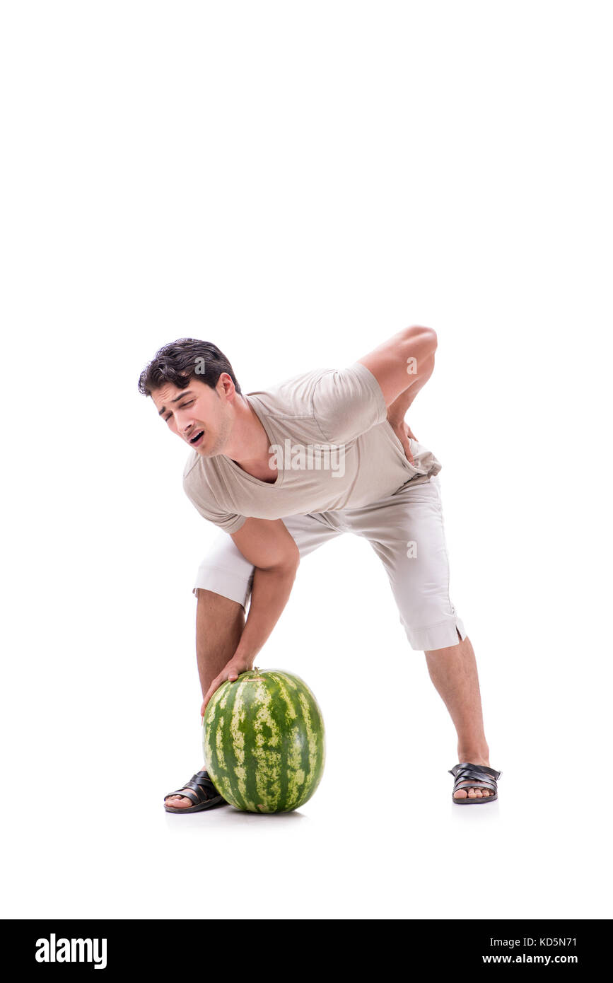 Young man with watermelon isolated on white Stock Photo - Alamy