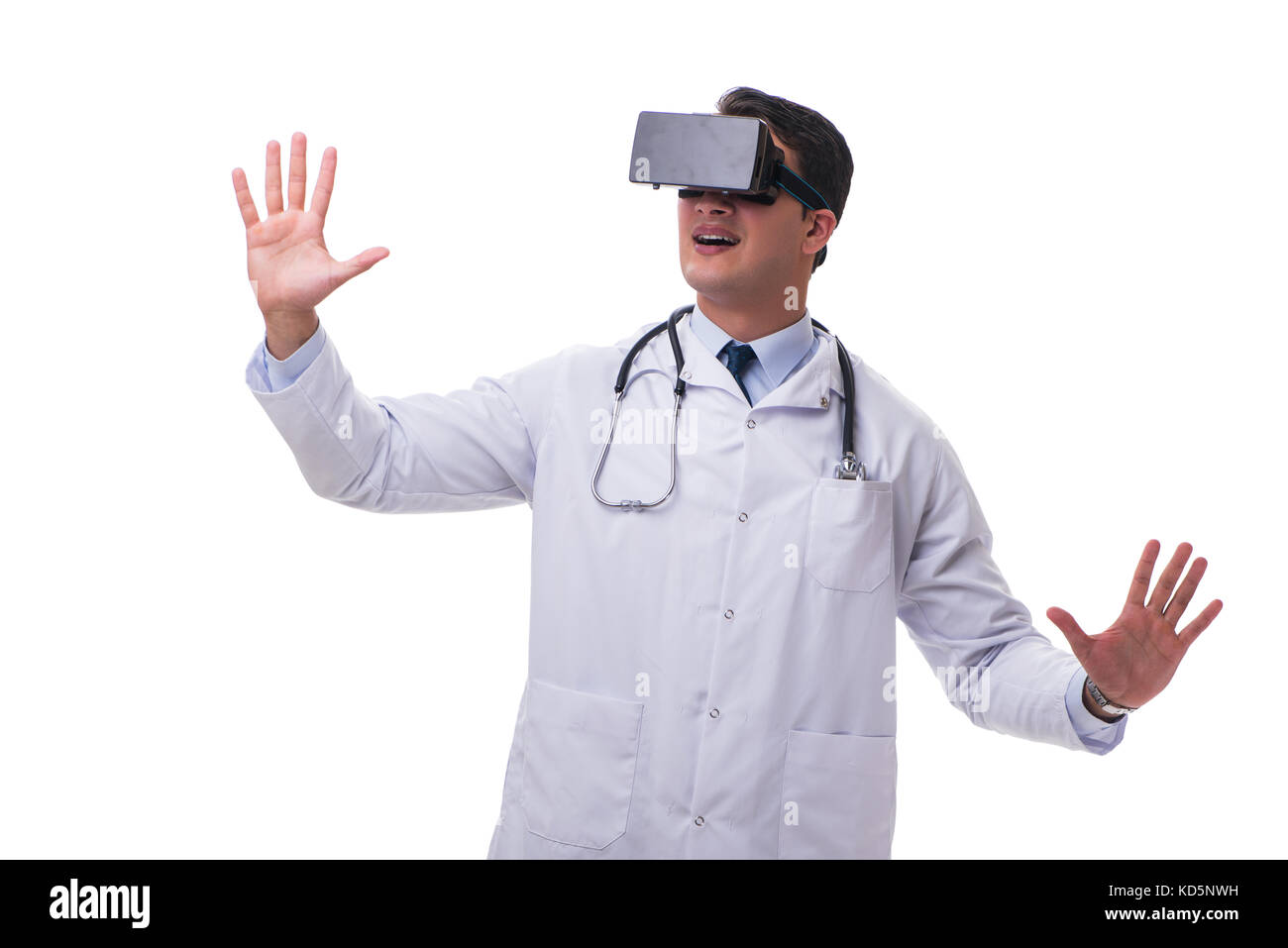 Doctor wearing a vr virtual reality headset isolated on white ...