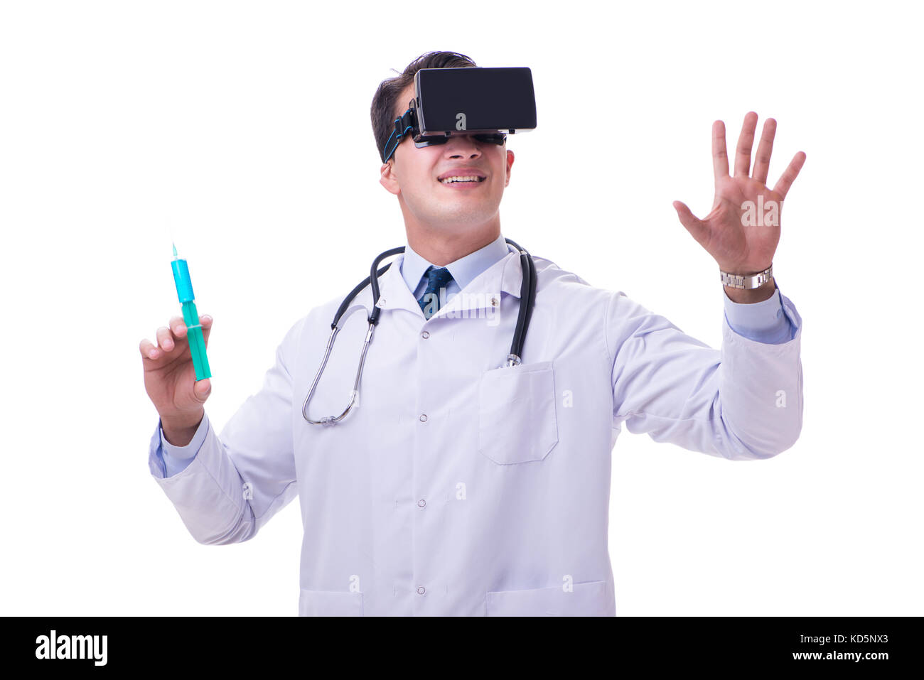 Doctor wearing a vr virtual reality headset isolated on white ...