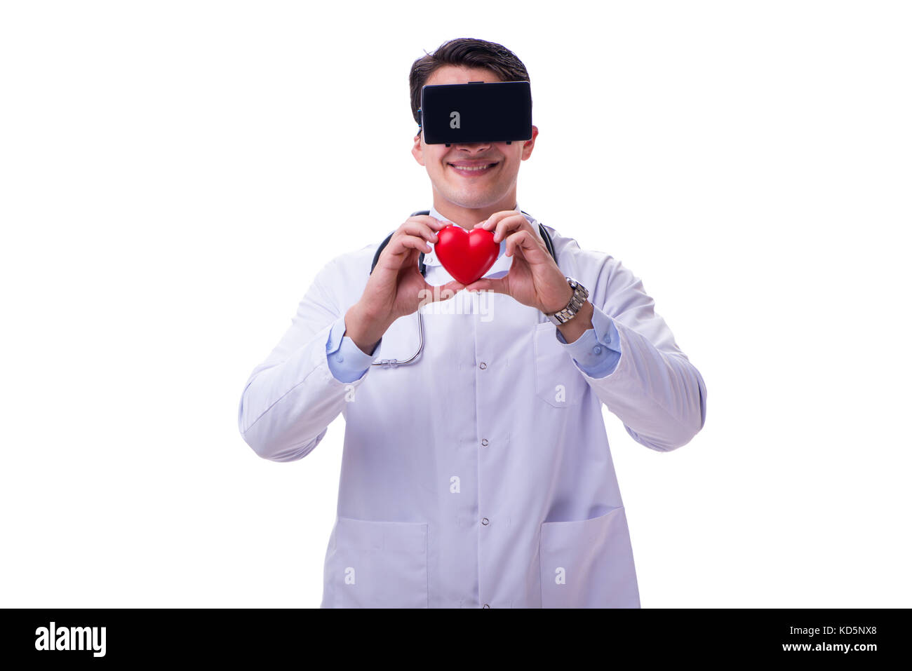 Doctor wearing a vr virtual reality headset isolated on white ...