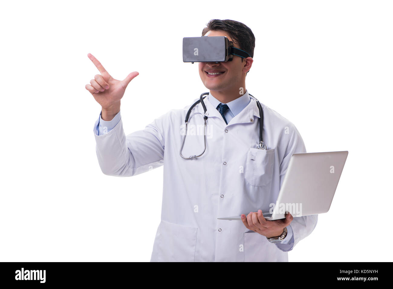 Doctor wearing a vr virtual reality headset isolated on white ...