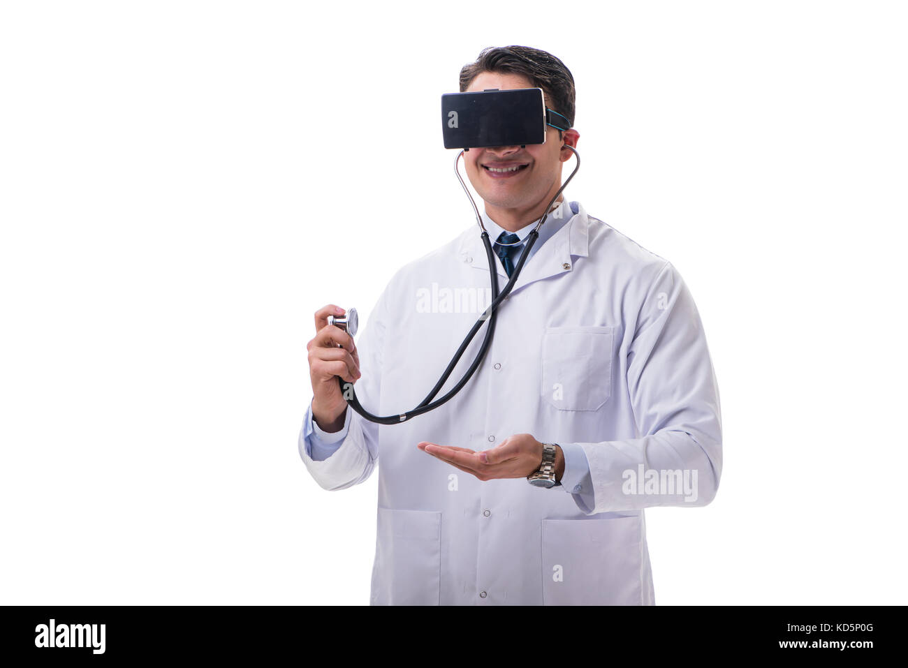 Doctor wearing a vr virtual reality headset isolated on white ...