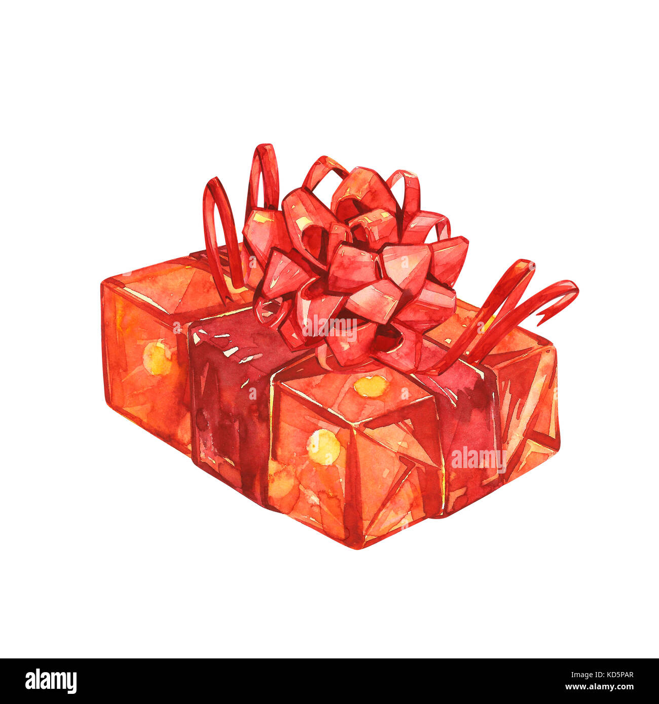 Gift with big red bow. Set of watercolor illustrations of christmas ...