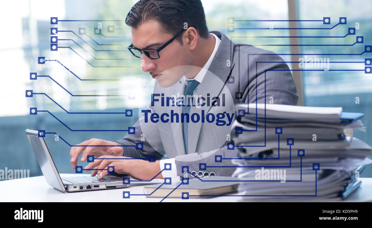 Businesswoman with laptop in financial technology fintech concept Stock ...