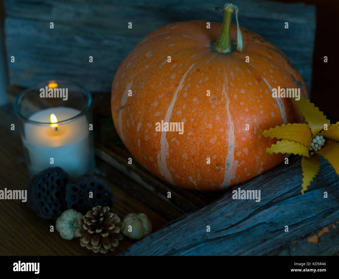 Pumpkin with lit candle and autumn decor, side view Stock Photo - Alamy