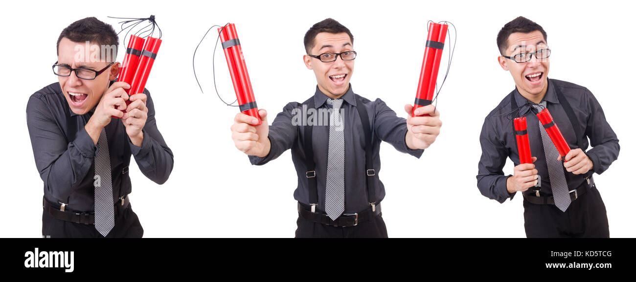 Businessman with dynamite isolated on white Stock Photo - Alamy