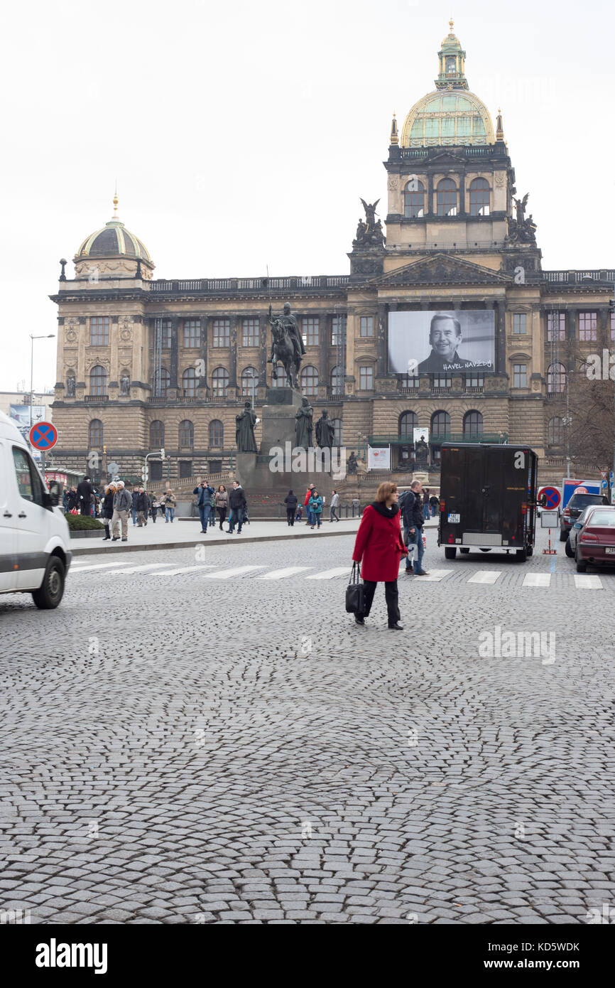 A banner with a photograph of Vaclav Havel on National Museum of Prague ...