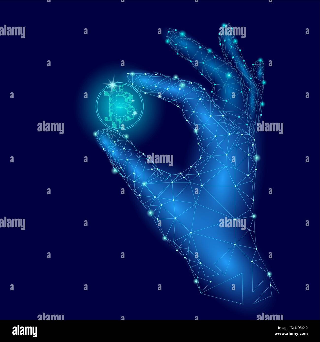 Low poly hand hold bitcoin carefully. Polygonal triangle connected dot ...