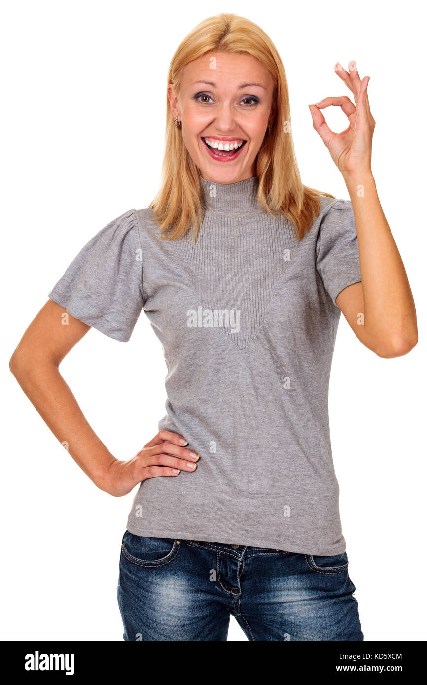 Smiling woman shows ok sign, isolated on white background Stock Photo - Alamy