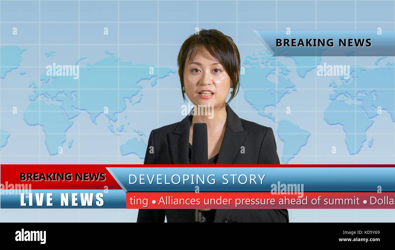 Asian American female anchor in studio with lower thirds, live TV news ...