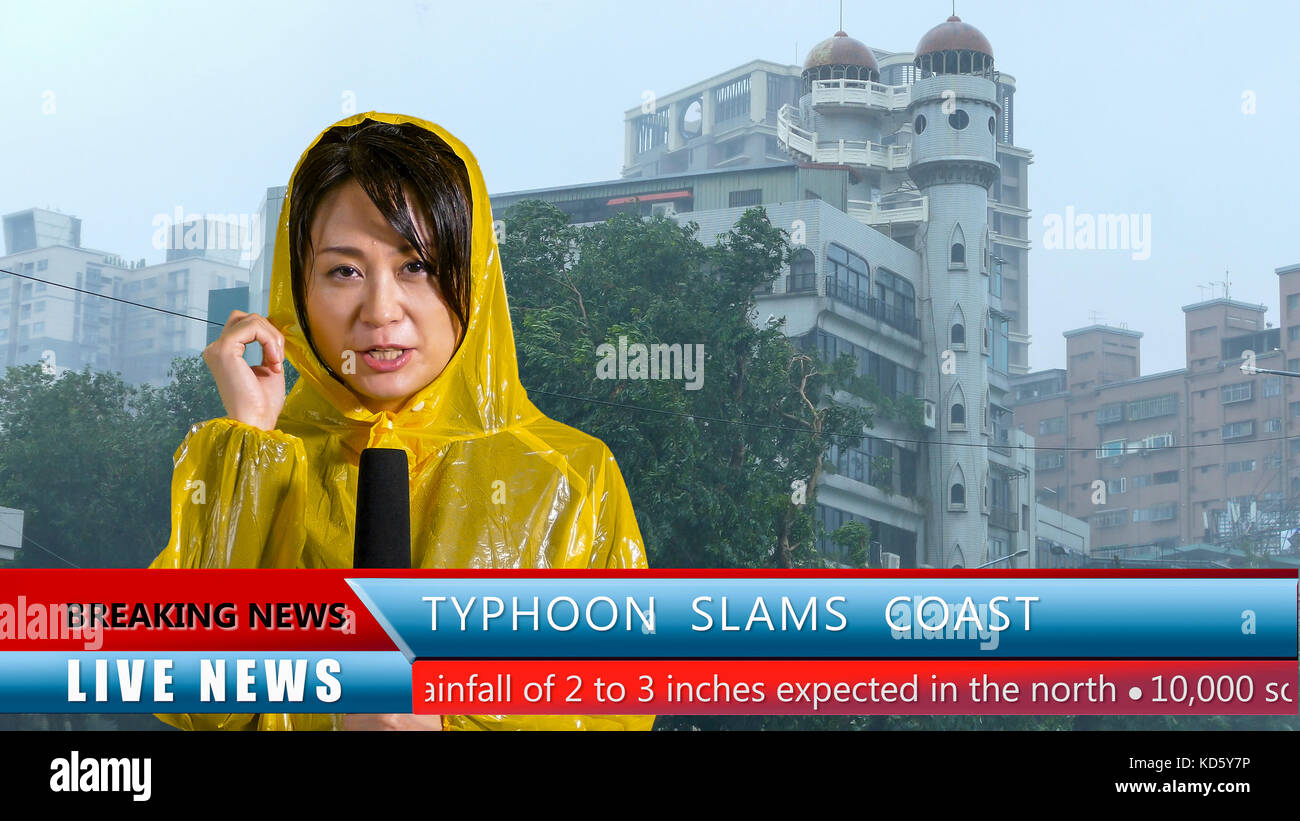 Asian American weather reporter live report in storm Stock Photo - Alamy