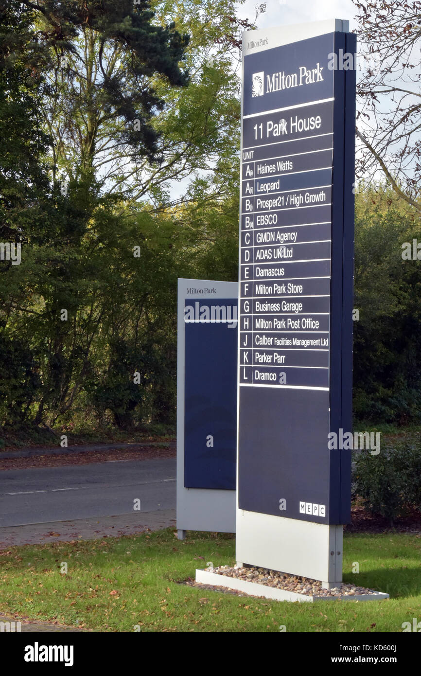 A signpost or board showing the locations of businesses within the ...