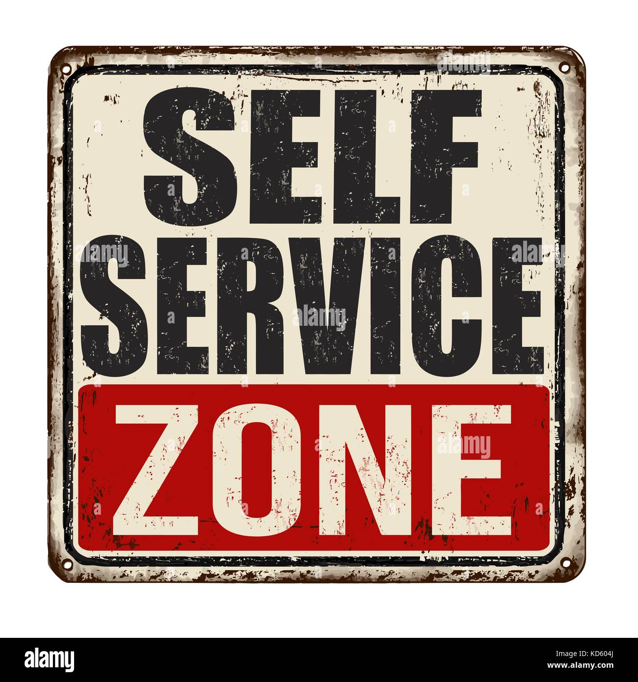 Self service zone vintage rusty metal sign on a white background ...