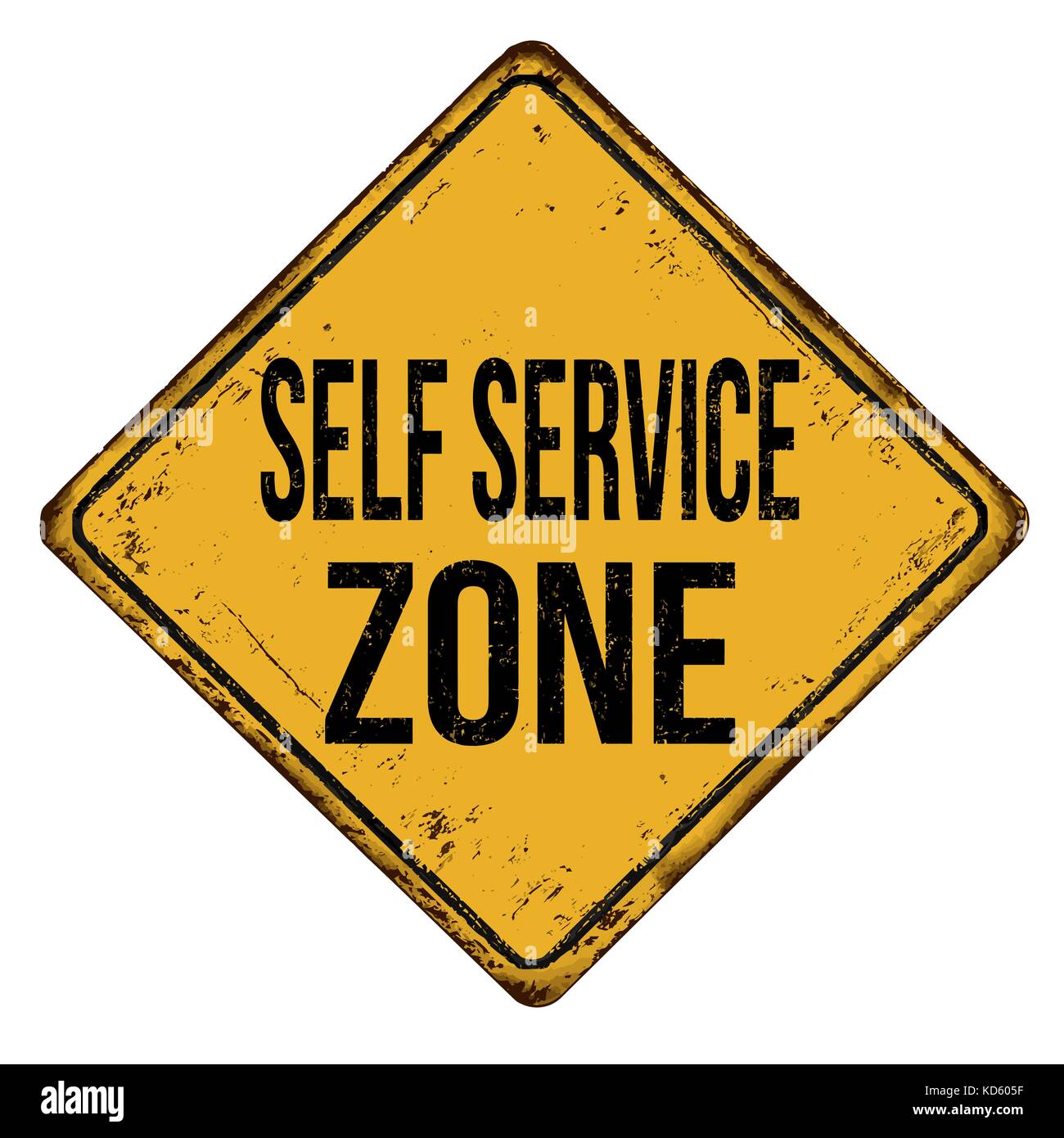 Self service zone vintage rusty metal sign on a white background ...