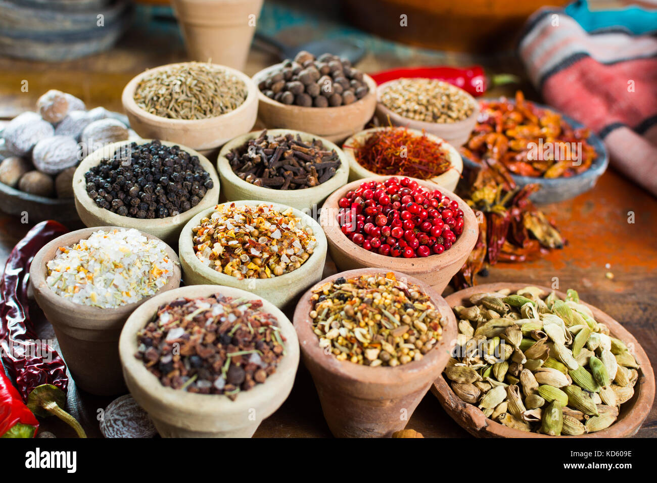 Variety of different asian and middle east spices, colorful assortment ...