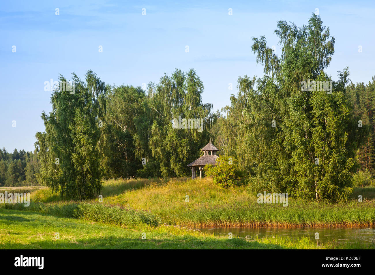 Rural Russian summer landscape with wooden gazebo. Pushkinogorsky ...