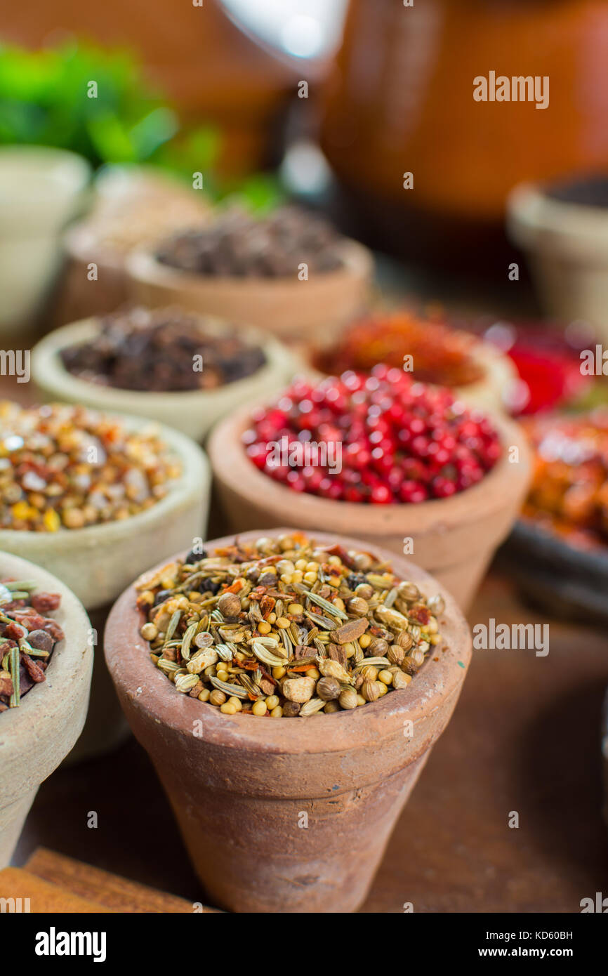 Variety of different asian and middle east spices, colorful assortment ...