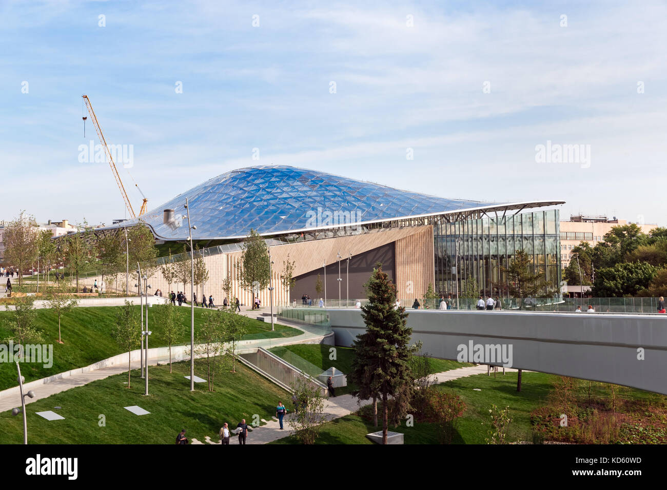 Philharmonic concert hall and floating bridge view in new Zaryadye Park ...