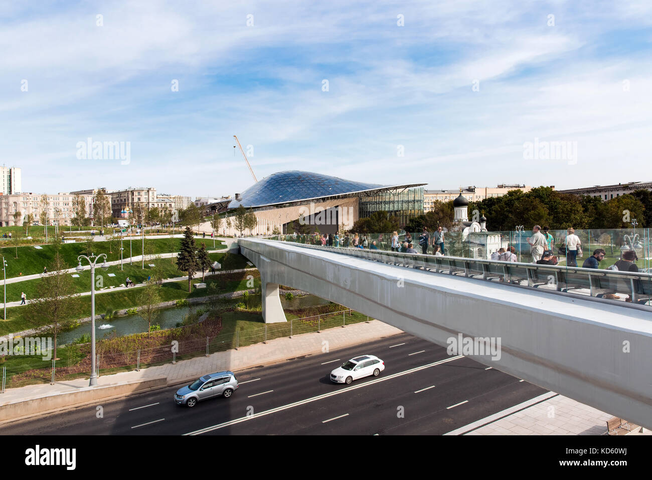 Philharmonic concert hall and floating bridge view in new Zaryadye Park ...