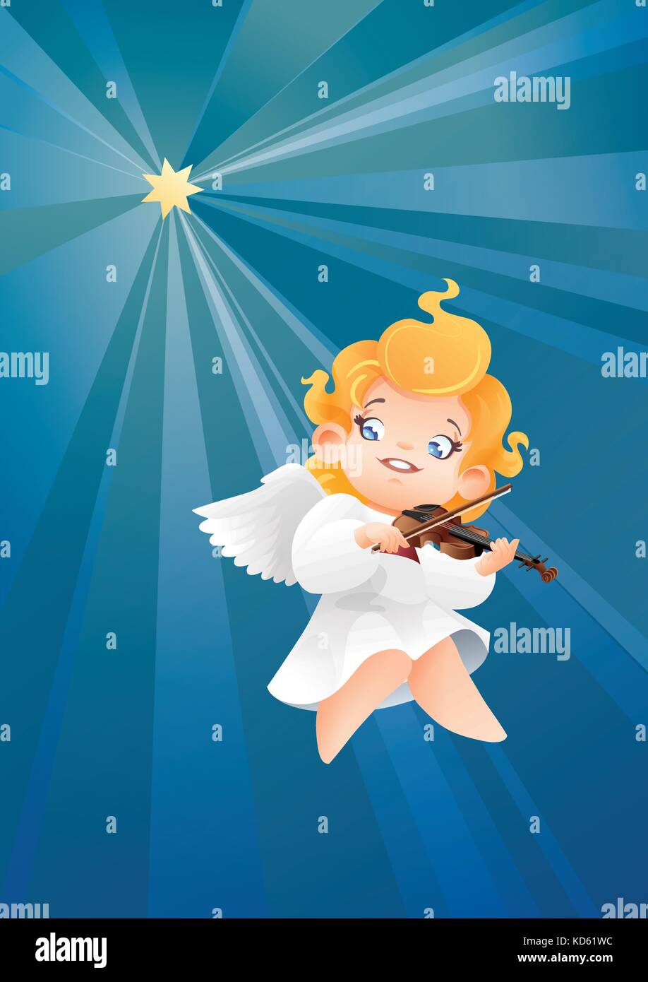 Smilyng flying on a night sky kid angel musician violinist play Stock ...