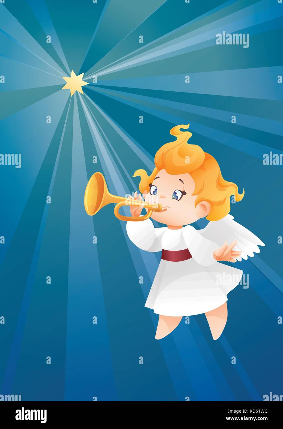 Kid angel musician flying on a night sky, making fanfare call Stock ...