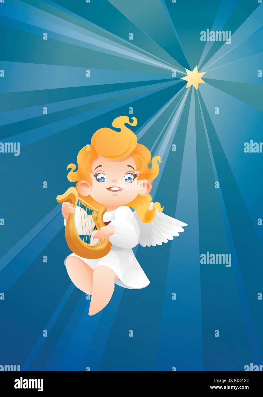 Kid angel musician harpist flying on a night sky making music on harp ...