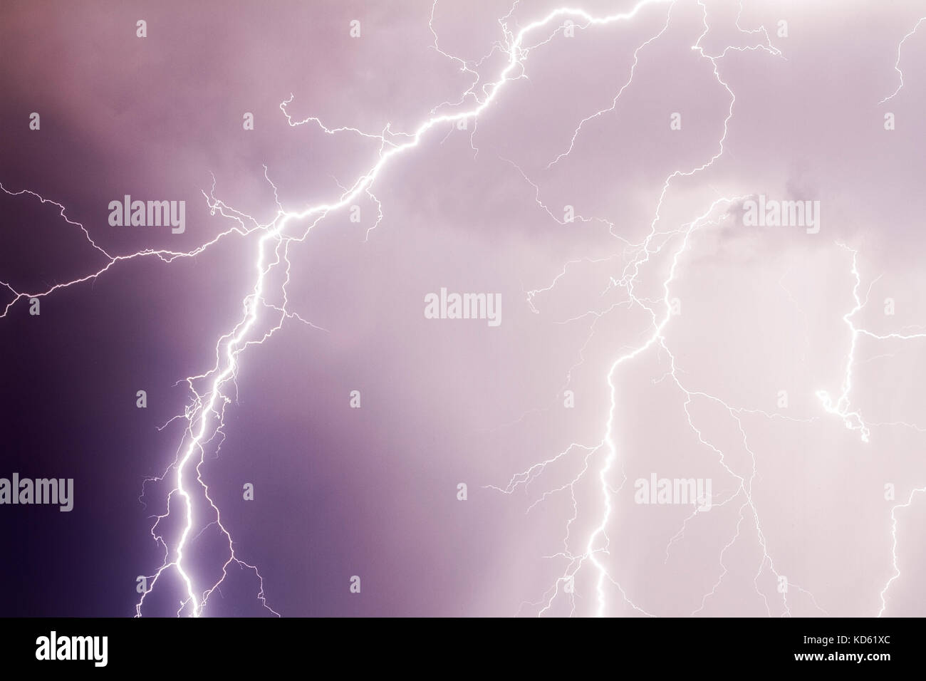 Thunder storm lightning strike on the dark purple cloudy sky background ...
