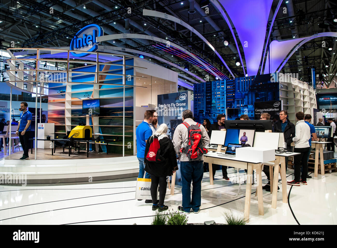 Intel company stand interior on exhibition Cebit 2017 in Hannover Messe ...