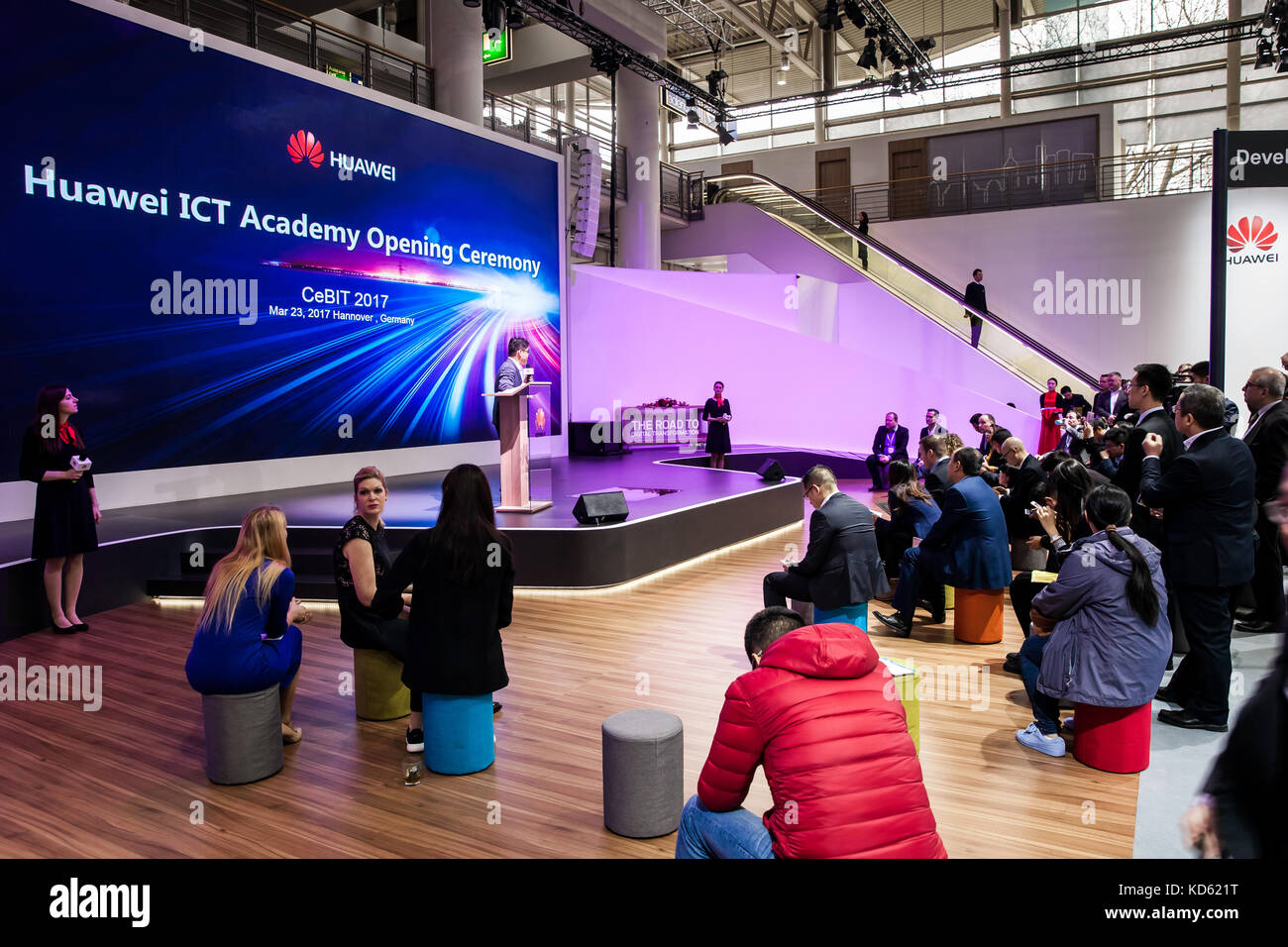 Huawei ICT Academy opening ceremony. Visitors on exhibition Cebit 2017 ...