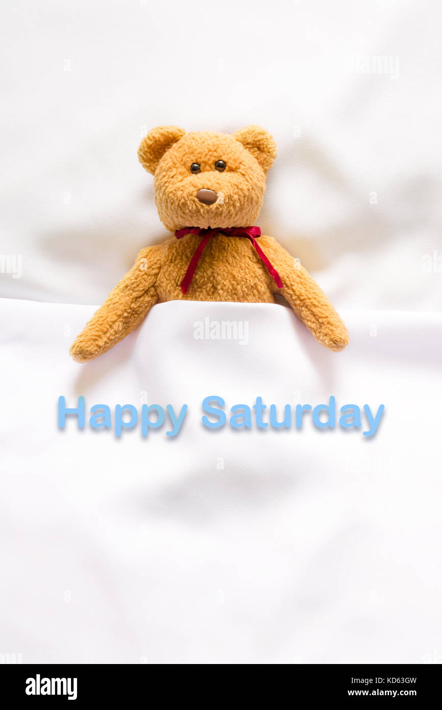 Teddy Bear lying in the white bed with message " Happy Saturday Stock ...