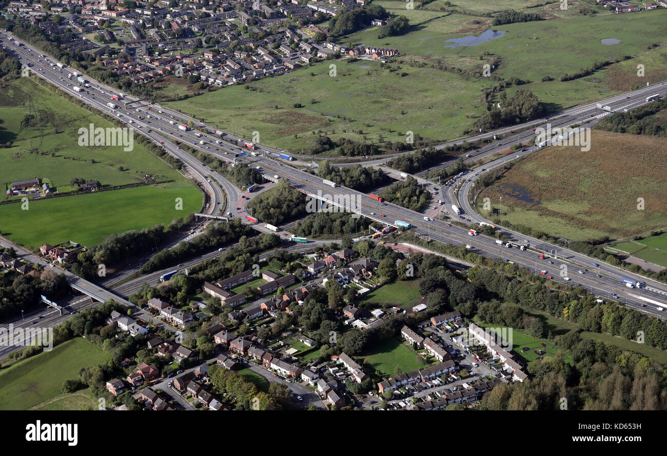 aerial view of Junction 16 of the M60 M66 M62 motorway at Prestwich ...