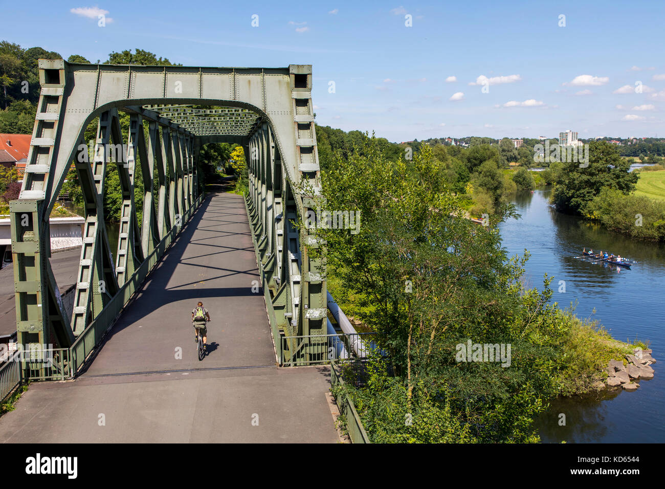 Bike path, along old railway tracks in Essen, Germany, along river Ruhr ...