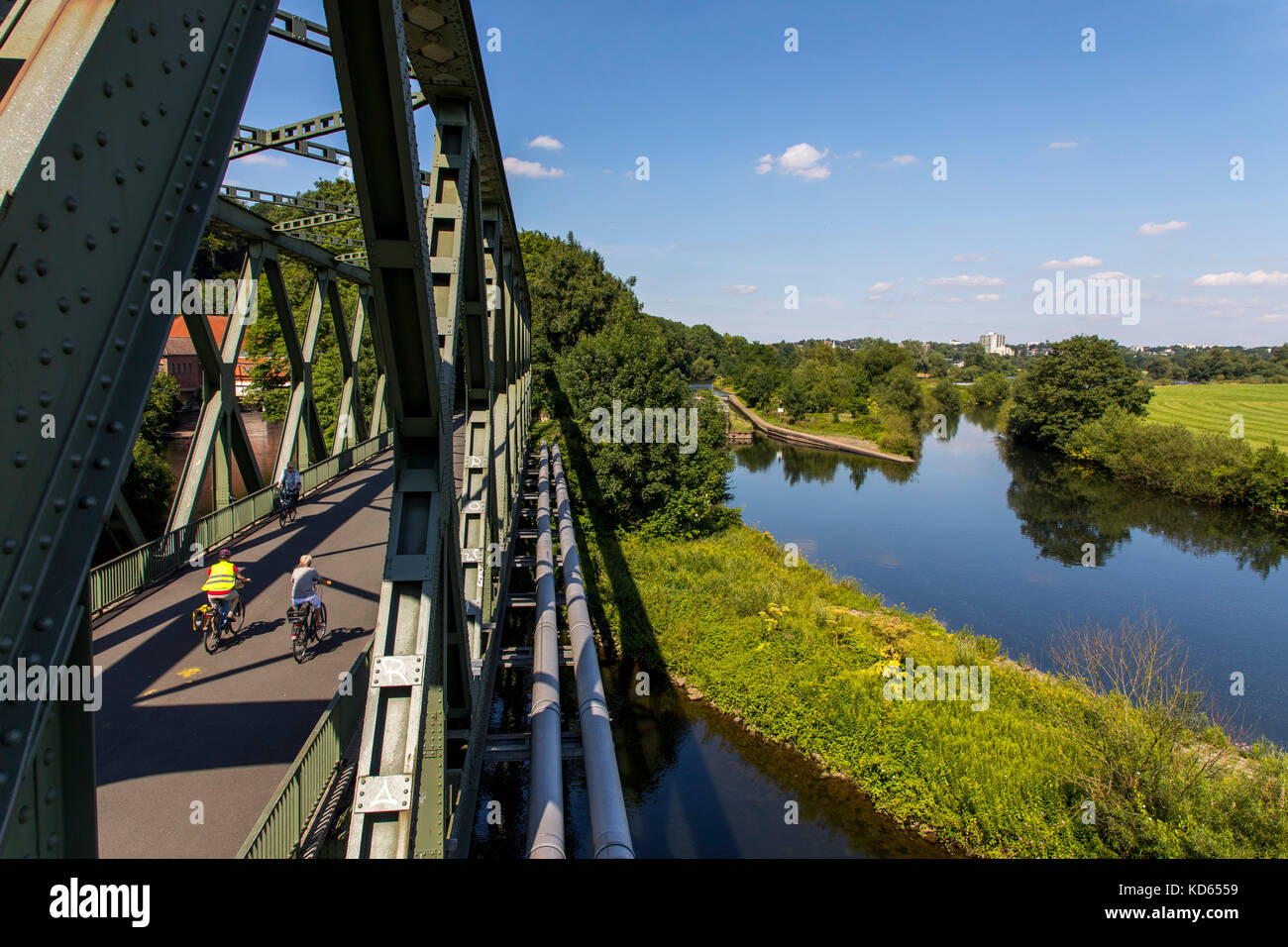 Bike path, along old railway tracks in Essen, Germany, along river Ruhr ...