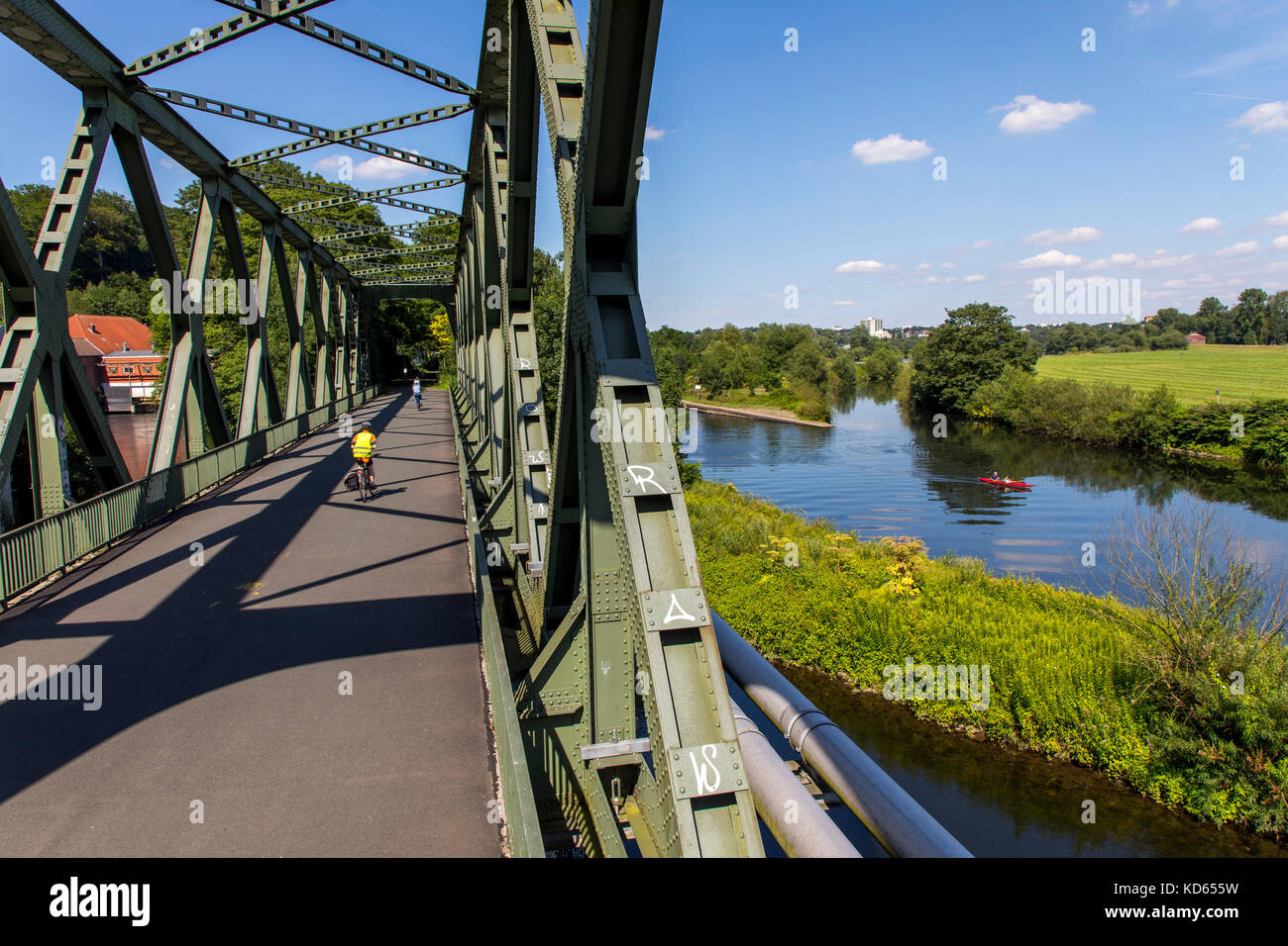 Bike path, along old railway tracks in Essen, Germany, along river Ruhr ...
