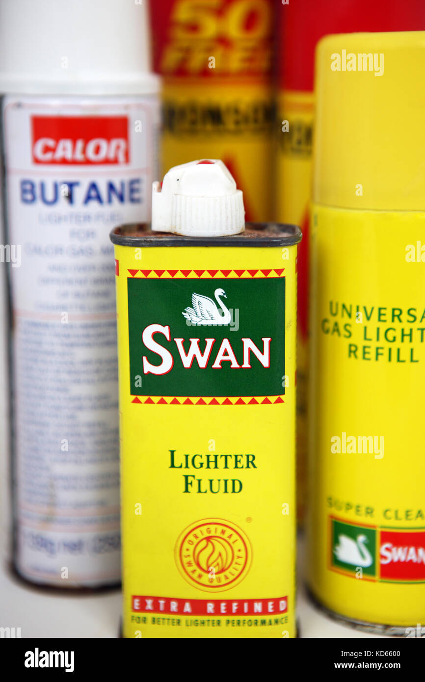 Lighter fluid by makers, Calor, Swan & Ronson Stock Photo - Alamy