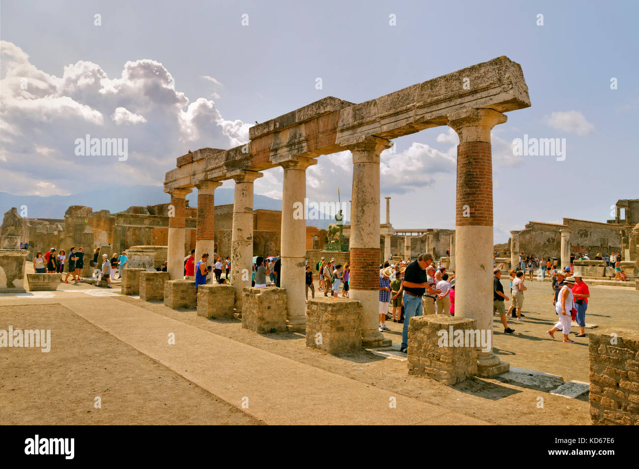 Columns at the Forum area in the ruined Roman city of Pompeii at Pompei ...