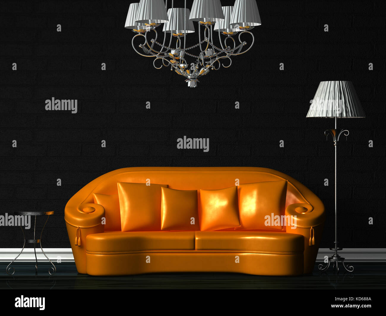 Orange couch, table, chandelier and standard lamp in black minimalist ...