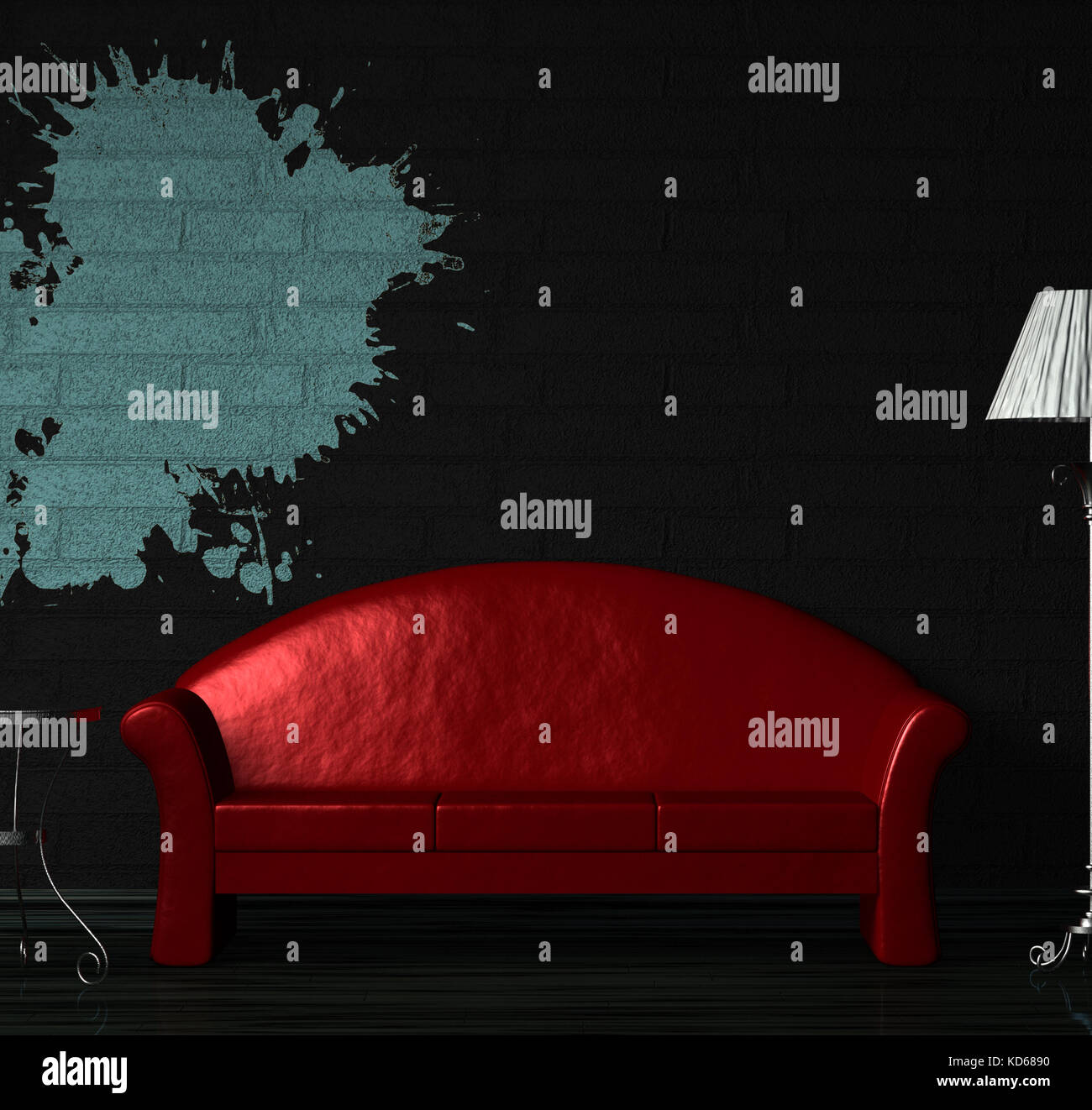 Red sofa, table and standard lamp in black minimalist interior Stock ...