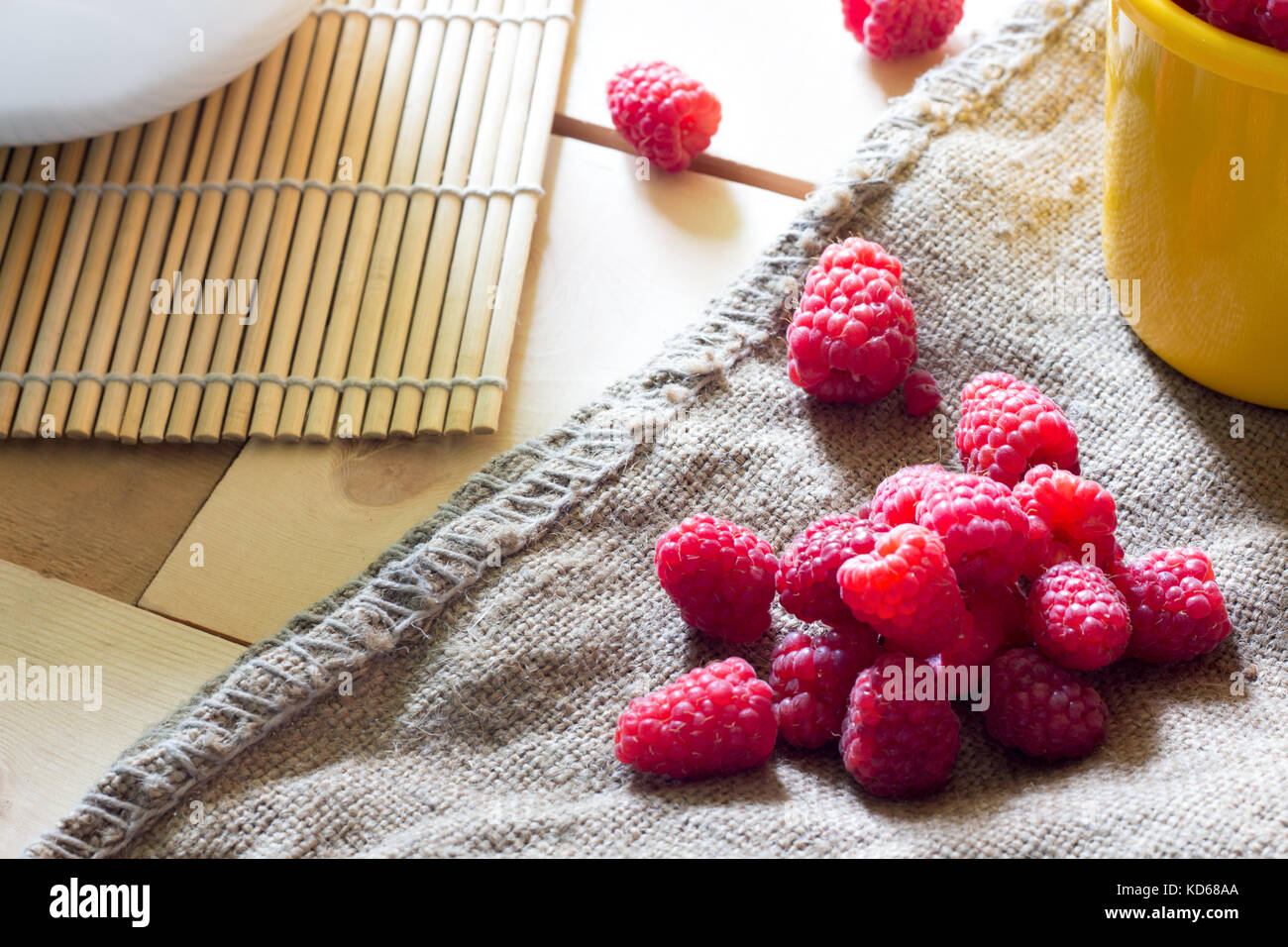 Ripe sweet raspberries on wooden table. Close up, top view, high ...