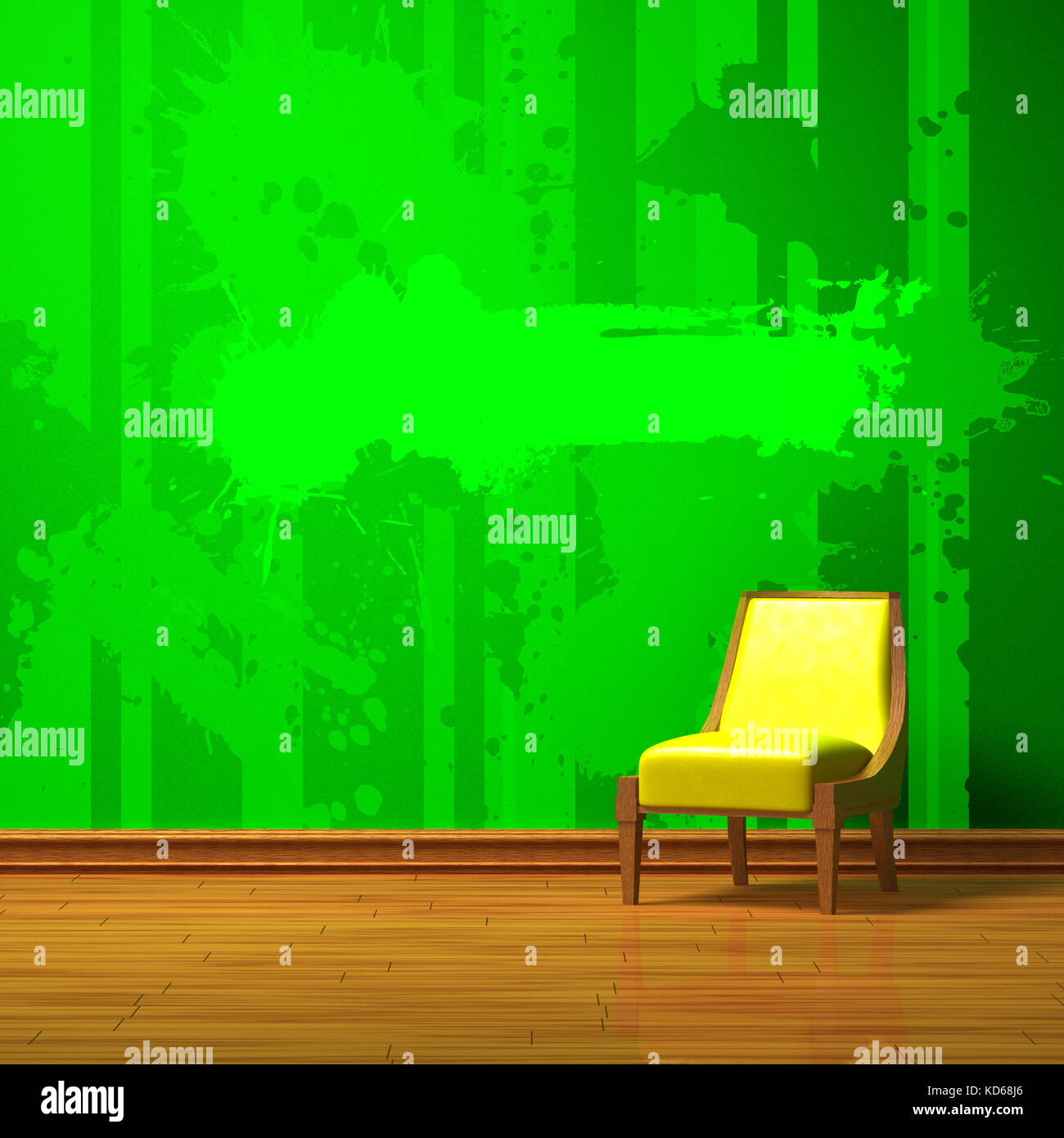 Yellow chair in green minimalist interior Stock Photo - Alamy