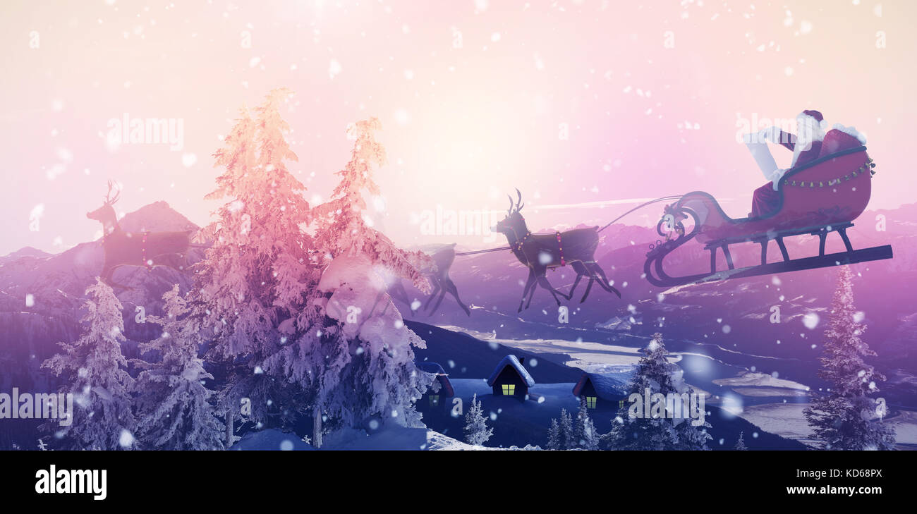 Side view of Santa Claus riding on sleigh during Christmas against ...