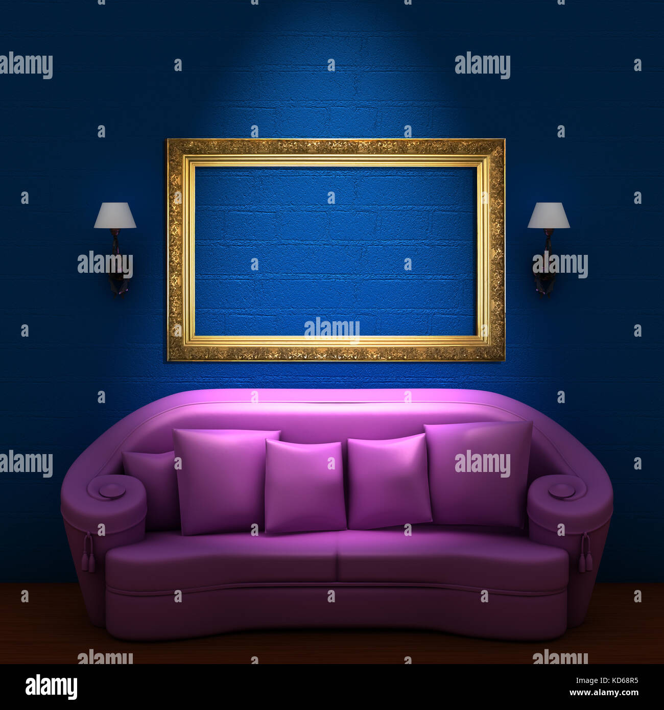Pink couch with empty frame and sconces in blue minimalist interior ...
