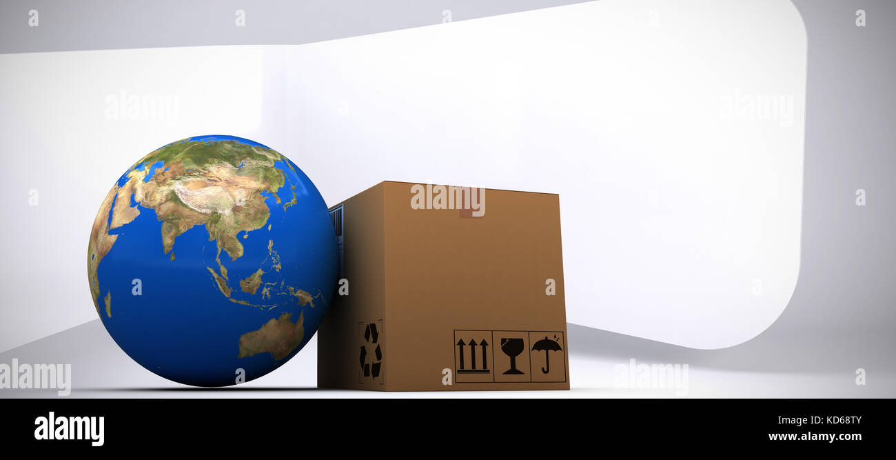 3D image of planet Earth and box against abstract room Stock Photo - Alamy