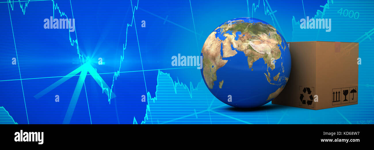 3D planet Earth and cardboard box against white background against ...