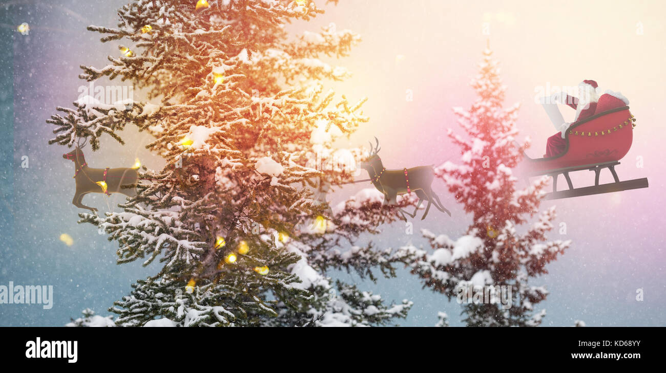 Side view of Santa Claus riding on sleigh during Christmas against snow ...