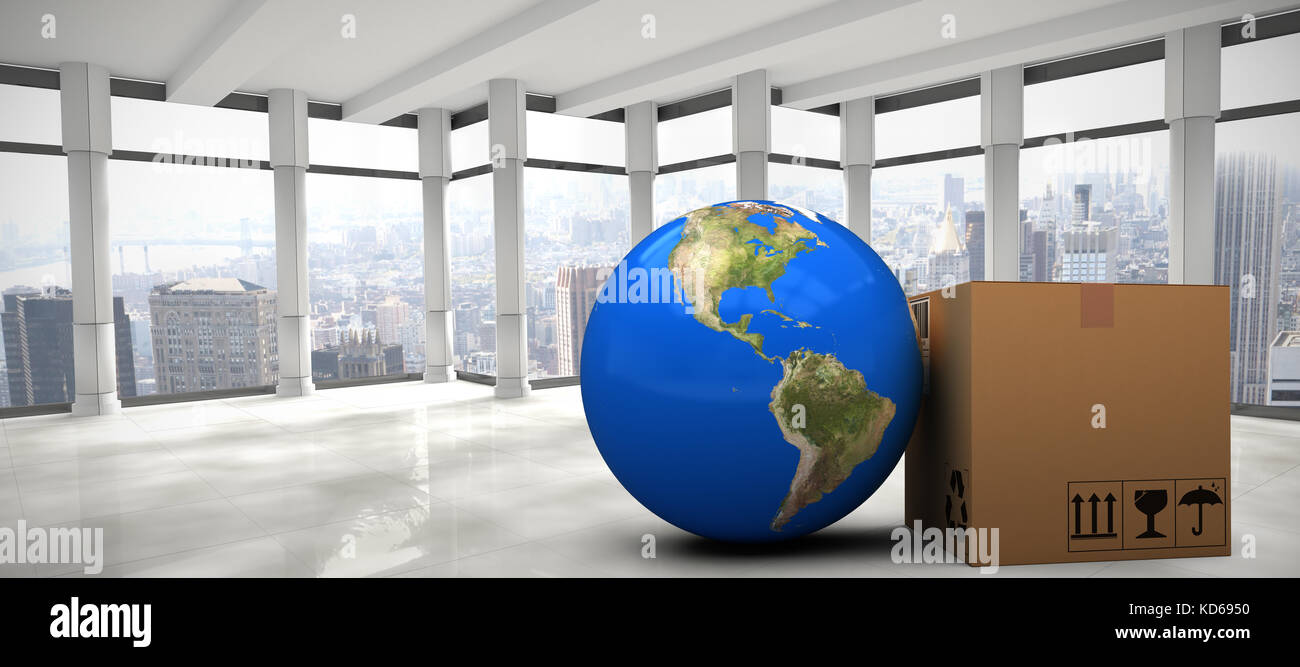3D image of planet Earth by cardboard box against modern room ...