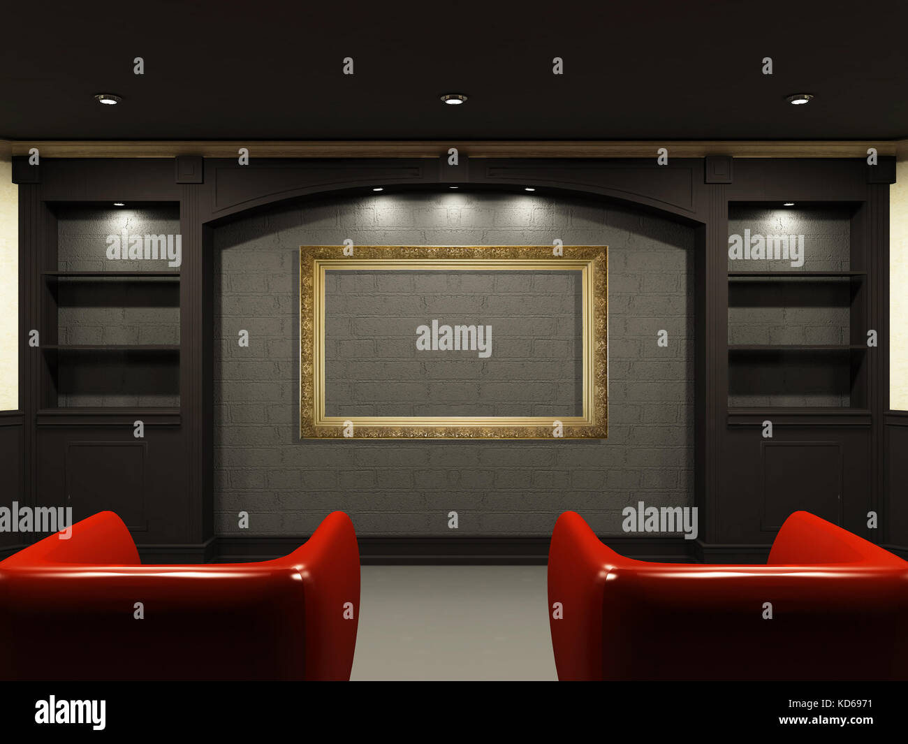 Red chairs in living room with emty place on the wall Stock Photo - Alamy