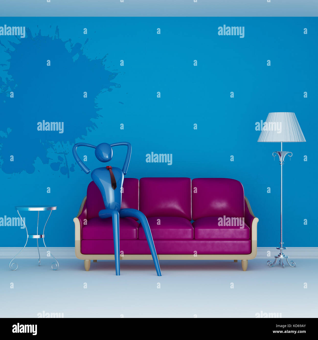 The person relaxing on the purple couch in blue minimalist interior ...
